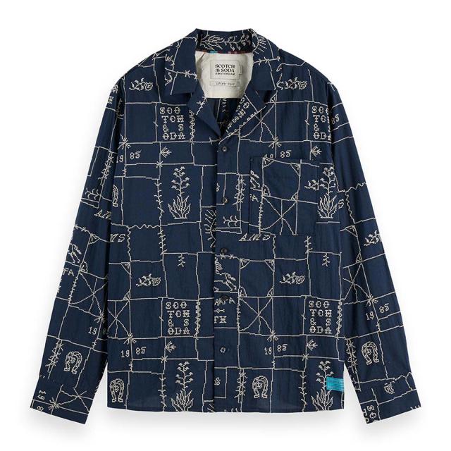 予約商品 2月頃入荷予定 スコッチアンドソーダ メンズ 開襟シャツ 正規販売店 SCOTCH&SODA 長袖 カジュアルシャツ ALLOVER EMBROIDERED SHIRT MARFA CROSS STITCH CARBON (NAVY) 182210 001 51700 79