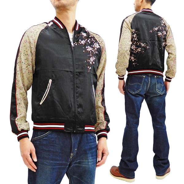 ジャパネスク スカジャン 3RSJ-301 袖縮緬 桜柄 メンズ 和柄 スーベニアジャケット ブラック 新品