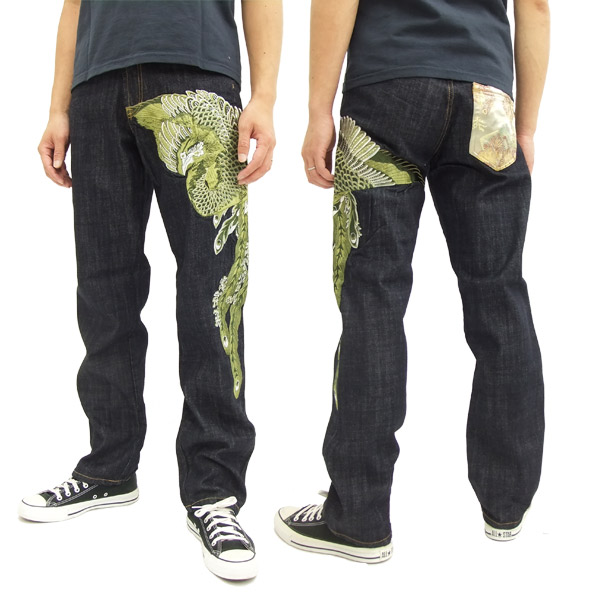 花旅楽団 和柄 デニムパンツ SP-503 鳳凰 メンズ ジーンズ ゴールド刺繍 新品