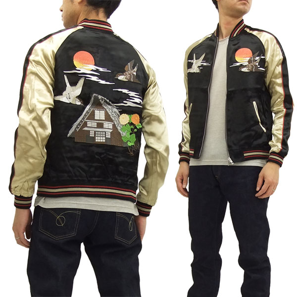 ジャパネスク スカジャン 3RSJ-034 雀と藁ぶき屋根の家 メンズ スーベニアジャケット ブラック×ゴールド 新品