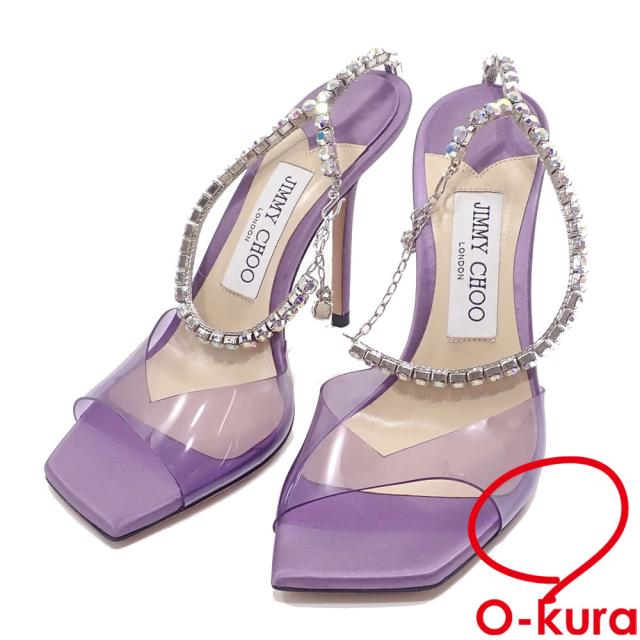 中古 ジミーチュウ サンダル レディース サテン PVC パープル 紫 約24.0cm 37 ハイヒール ピンヒール ラインストーン スクエアトゥ アンクルストラップ Saeda 100 古着 アパレル