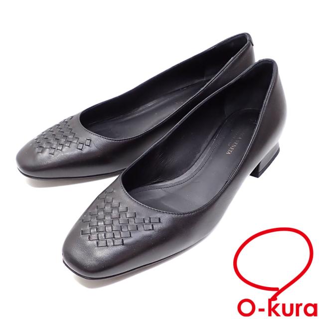 中古 ボッテガ ヴェネタ パンプス レディース レザー ブラック 黒 22.0cm 35 イントレチャート 編み込み ローヒール アーモンドトゥ 古着 アパレル