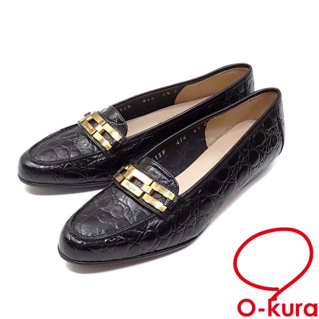 中古 サルヴァトーレフェラガモ パンプス レディース アーモンドトゥ レザー ブラック ゴールド 22.5cm 4 1/2 古着 アパレル