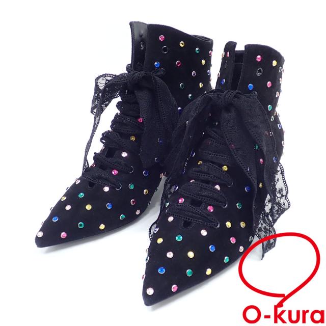 中古 サンローラン ブレイズ クリスタル ブーティ レディース スエード ラインストーン ブラック 黒 約23.0cm 36 ポインテッドトゥ アンクルブーツ レースアップ 古着 アパレル