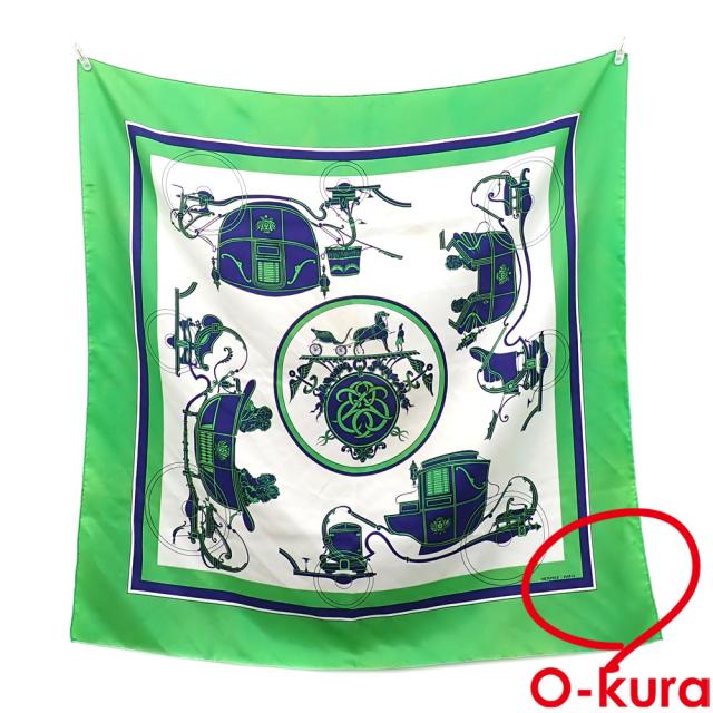 中古 エルメス カレ 90 スカーフ メンズ グリーン系マルチカラー シルク HERMES エクスリブリス