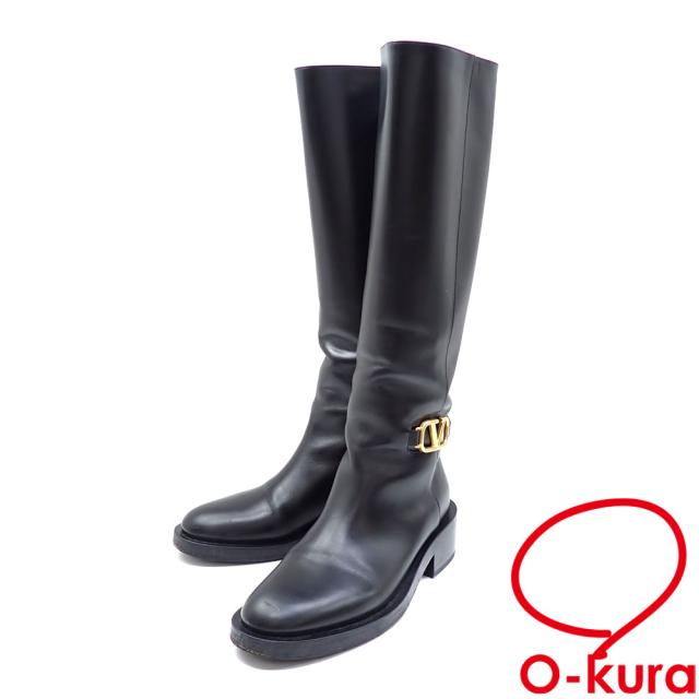 中古 ヴァレンティノガラヴァーニ ロング ブーツ レディース アーモンドトゥ カーフスキン ブラック 黒 約22.5cm 35 1/2 SAWCF3 古着 アパレル