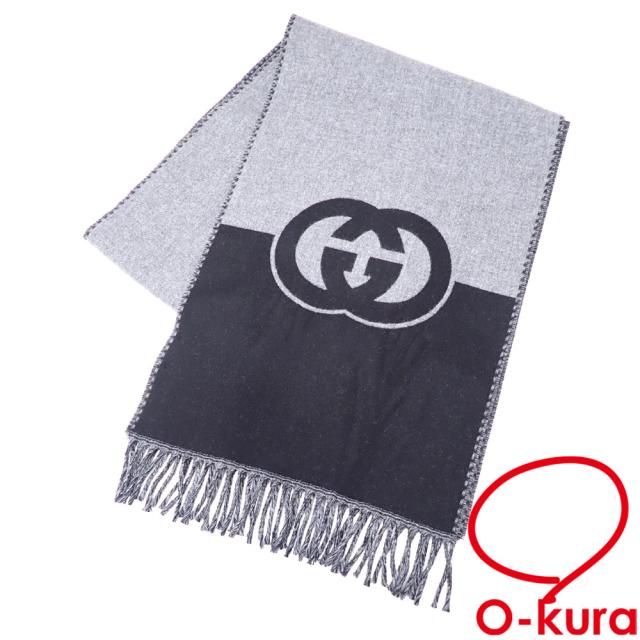 中古未使用品 グッチ マフラー インターロッキングG ウール カシミア スカーフ メンズ ウール他 ブラック グレー 715497 フリンジ
