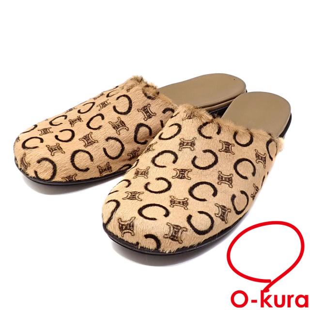 中古 セリーヌ サボサンダル レディース ハラコ他 キャメル 22.5cm 35 ロゴ フラット ぺたんこ 古着 アパレル