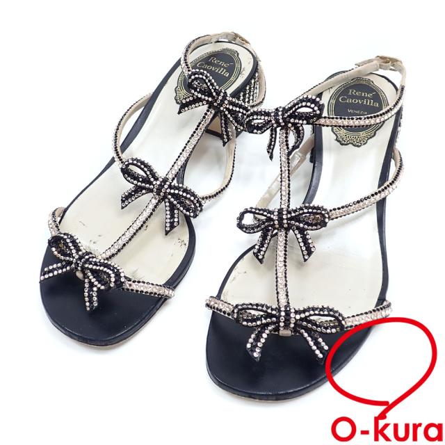 中古 レネカオヴィラ クリスタル リボン サンダル レディース ファブリック レザー ミドルヒール ブラック 黒 約23.0cm 36 ストラス ラインストーン 古着 アパレル