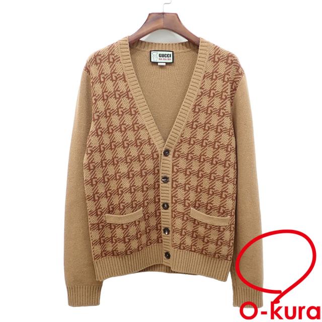中古 グッチ カーディガン メンズ 長袖 Vネック ウール キャメル Lサイズ GUCCI HAHAHA 古着 アパレル トップス