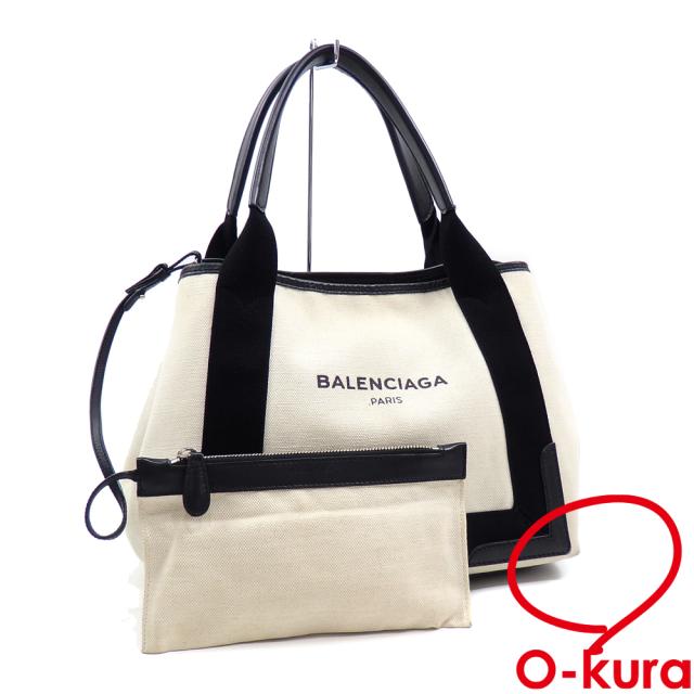 中古 バレンシアガ トートバッグ ネイビーカバス S レディース ナチュラル ブラック コットン カーフスキン ビスコース 339933 1065 E 02123