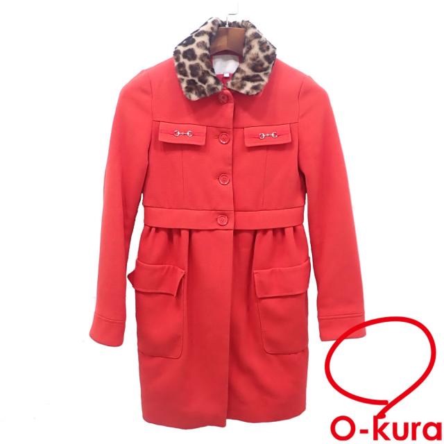 中古 グッチ コート レディース 長袖 ミディ丈 ポリエステル他 レッド 赤 サイズ12 レオパード ヒョウ柄 ファー付き 古着 アパレル アウター