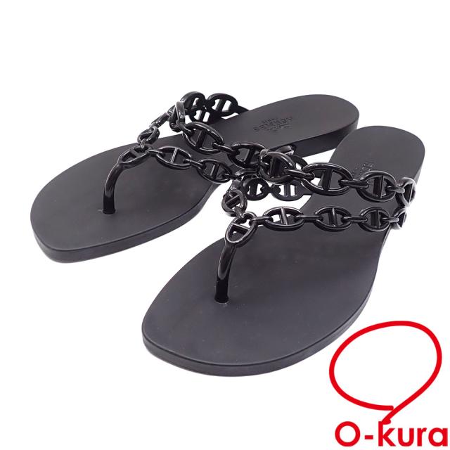 中古 エルメス サンダル アイランド レディース 黒 23.0/23.5cm 36 サーモポリウレタン シェーヌ・ダンクルモチーフストラップ H241051Z 02340 古着 アパレル