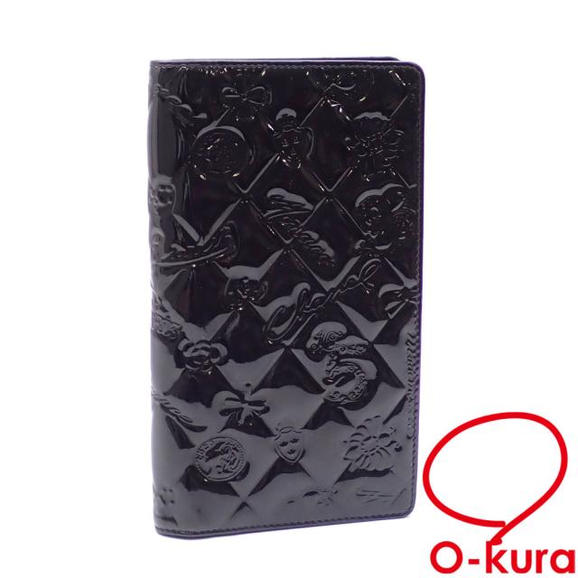 中古 シャネル 二つ折り 長財布 アイコンライン レディース ブラック パテントレザー