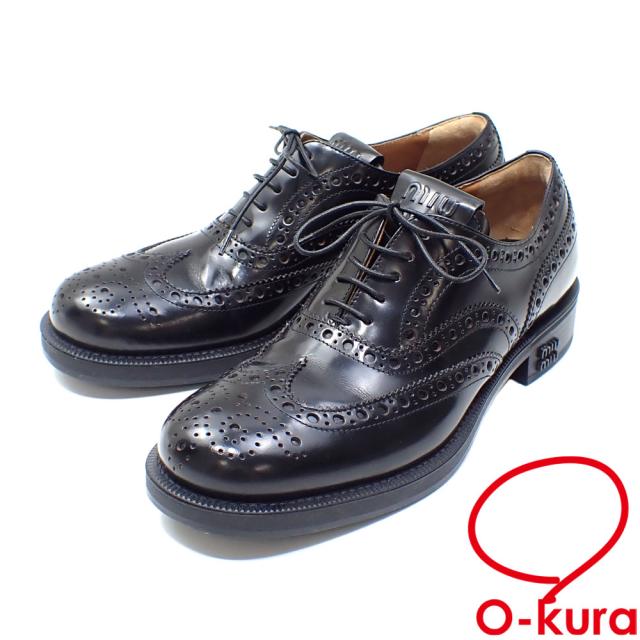 中古 ミュウミュウ × チャーチ オックスフォード ブローグシューズ レディース レザー ブラック 24.5cm 37 1/2 革靴 レースアップシューズ パンチング 古着 アパレル