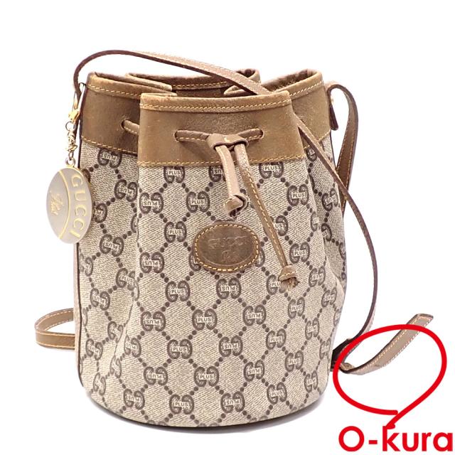 中古 グッチ ショルダーバッグ レディース ベージュ ブラウン PVC レザー 斜め掛け 巾着 グッチプラス