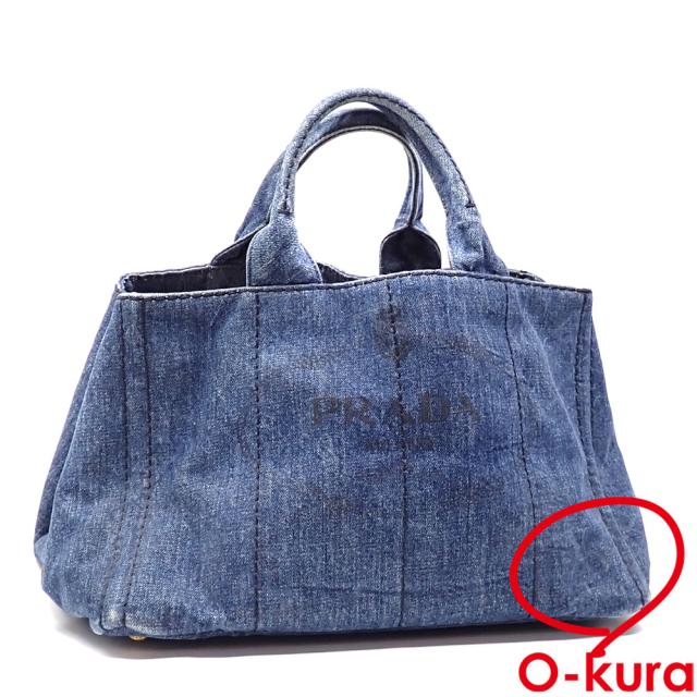 中古 プラダ カナパ トートバッグ M レディース ブルー デニム ハンド ストラップ