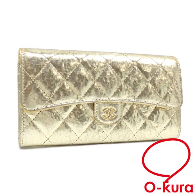中古 シャネル 二つ折り 長財布 マトラッセ レディース ゴールド カーフレザー