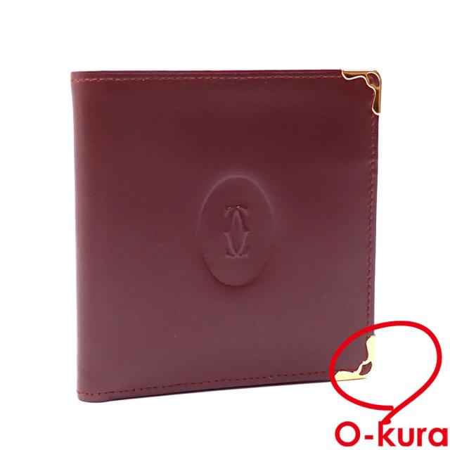 中古 カルティエ 二つ折り 財布 メンズ ボルドー レザー