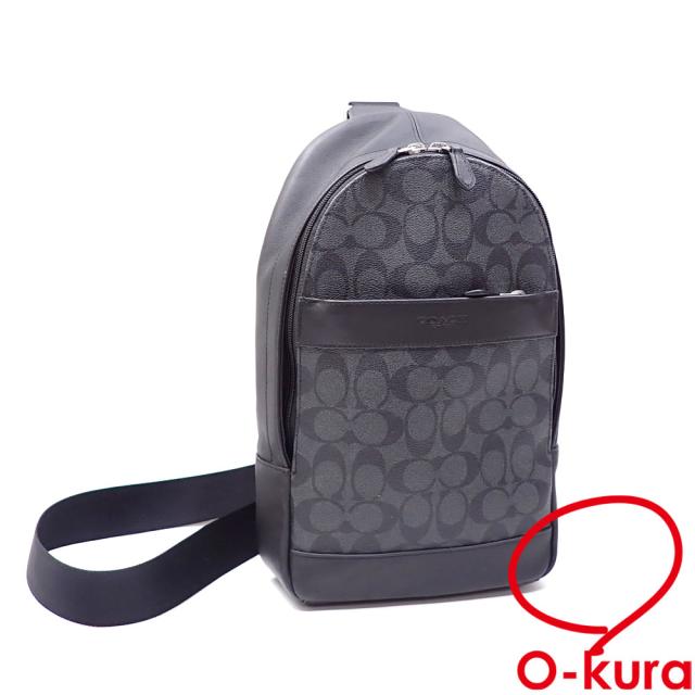 中古 コーチ ボディバッグ メンズ チャコールグレー ブラック シグネチャーコーテッドキャンバス レザー