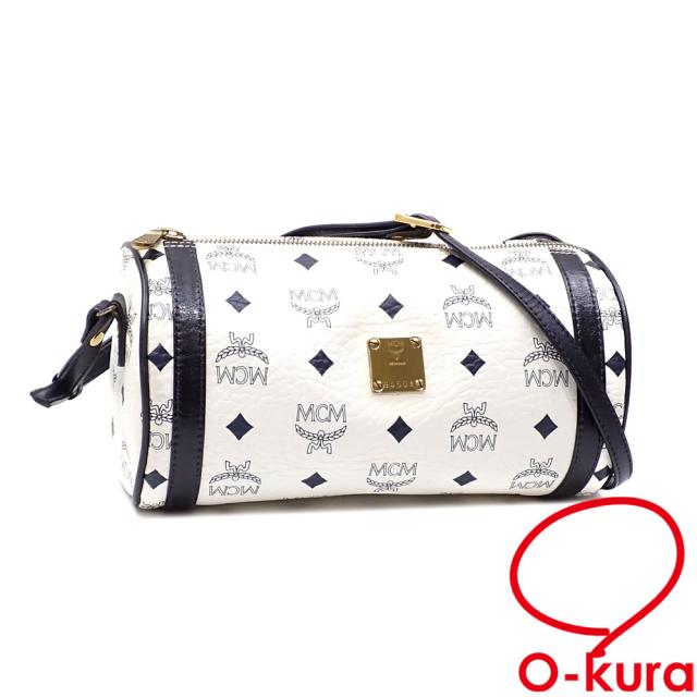 中古 MCM ショルダーバッグ レディース ホワイト ネイビー PVC レザー 斜め掛け エムシーエム 筒形 ドラム