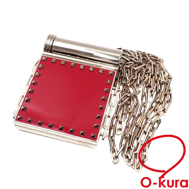 中古 ヴァレンティノガラヴァーニ ミラー 兼 リップスティックケース レディース レッド GP 鏡 二面鏡 口紅ケース リップケース チェーン付き スタッズ