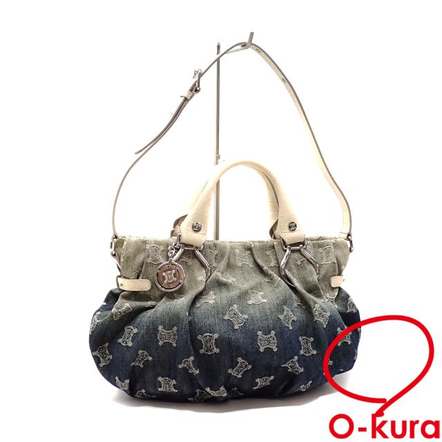中古 セリーヌ ハンドバッグ ピロースモール レディース ブルー ホワイト デニム レザー 2WAY ショルダー 肩掛け