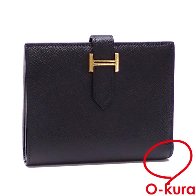 中古 エルメス ベアン コンパクト 二つ折り 財布 レディース ブラック ヴォーエプソン Y刻印 2020年頃製 HERMES 革