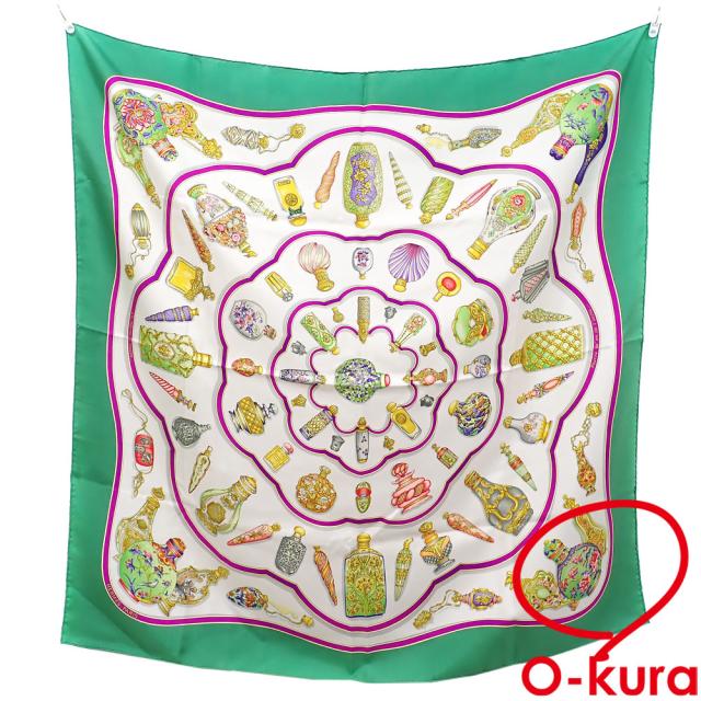 中古 エルメス スカーフ カレ 90 レディース グリーン系 シルク Qu importe le flacon pourvu qu'on ait l'ivresse 香水瓶柄 古着