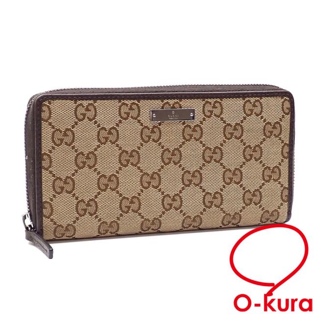 中古 グッチ ラウンドファスナー 長財布 レディース ブラウン ベージュ GGキャンバス レザー