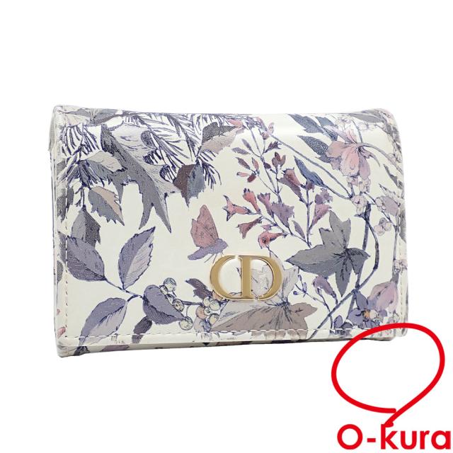 中古 クリスチャンディオール 二つ折り財布 Dior Caro Glycine ウォレット レディース ホワイト系マルチカラー レザー ミニ財布 ボタニカル
