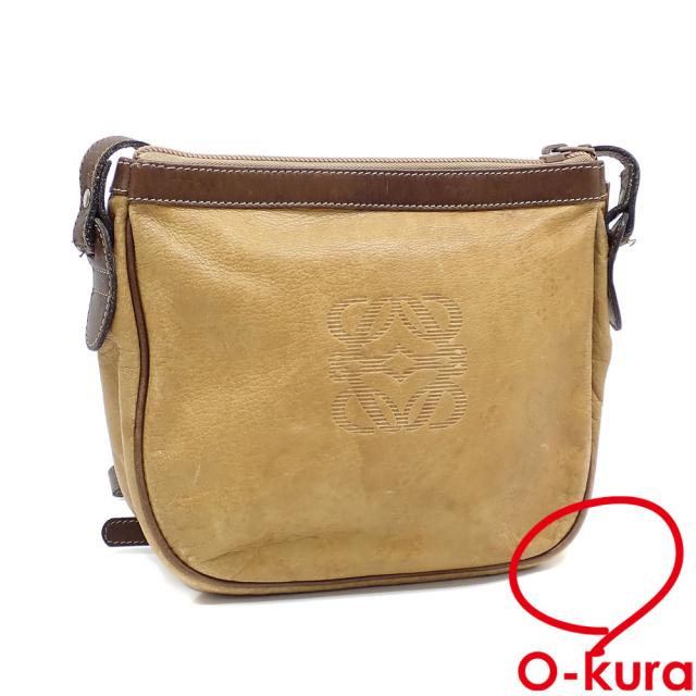 中古 ロエベ アナグラム ロゴ ショルダーバッグ レディース ベージュ ブラウン レザー オールド