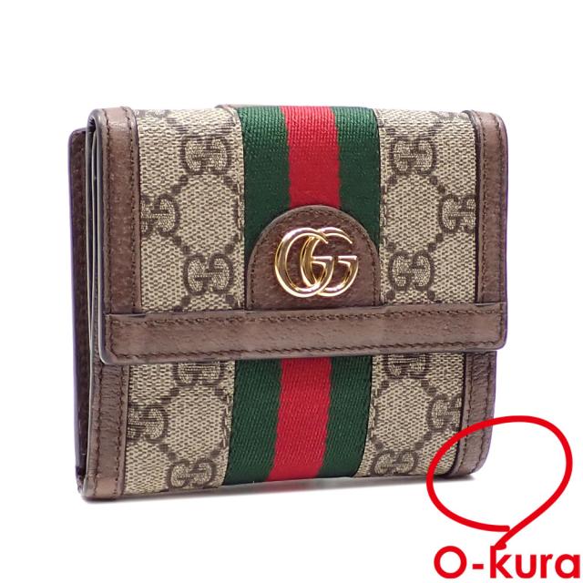 中古 グッチ 二つ折り 財布 GGスプリーム レディース ベージュ ブラウン GGスプリームキャンバス レザー 523173 ウェビングライン