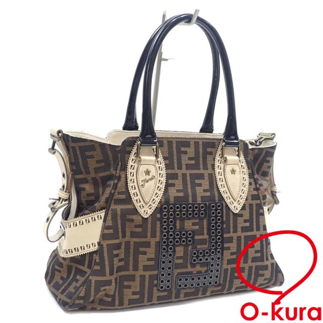 中古 フェンディ ハンドバッグ ズッカ レディース ブラウン ブラック ベージュ 茶色 キャンバス レザー