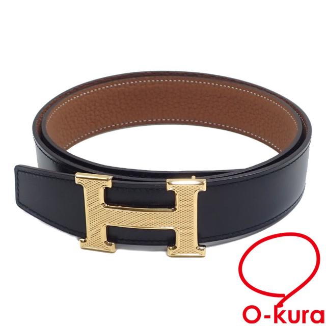 中古 エルメス ベルト ベルトバックル Hギヨシェ & レザーベルト（キット） 32 メンズ ブラック 黒 85インチ ボックスカーフ ヴォー・トーゴ ゴールド金具 W刻印 2024年頃製 古着