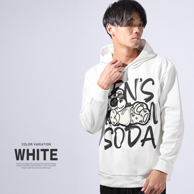 パーカー メンズ 長袖 フーディ— クマ ロゴ ワッペン プリント