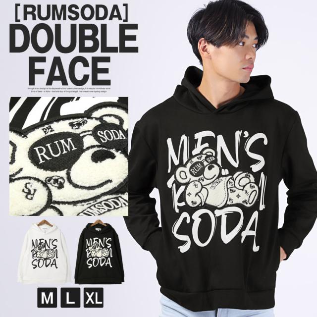 パーカー メンズ 長袖 フーディ— クマ ロゴ ワッペン プリント【RUMSODA(ラムソーダ)ボアワッペンクマダブルフェイスパーカー】 aa-3298