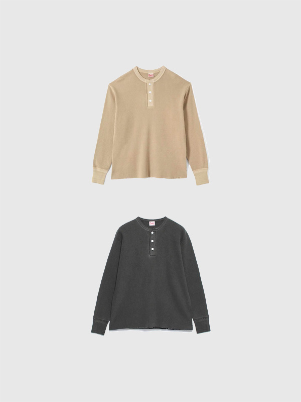 Healthknit ヘルスニット サーマル キング 長袖 無地 ピグメント ヘンリーネック 52020 Thermal King Waffle Pigment Dyed Henley neck Long Sleeve