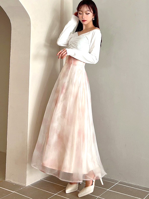 RESEXXY リゼクシー グロッシー マーブル フレア スカート ピンク ミント ブルー シフォン マーメイド マーブル柄 ハイウエスト フィットフレア 152520810801