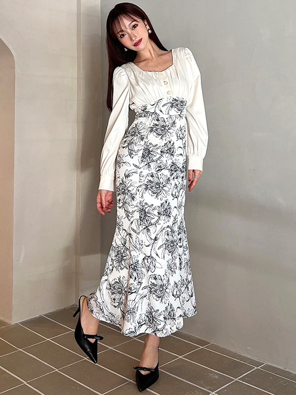 RESEXXY リゼクシー フロント ギャザー マーメイド ワンピース 春 夏 きれいめ 長袖 マーメイドシルエット ギャザー ワンピース ワンピ 細見え 152510303701