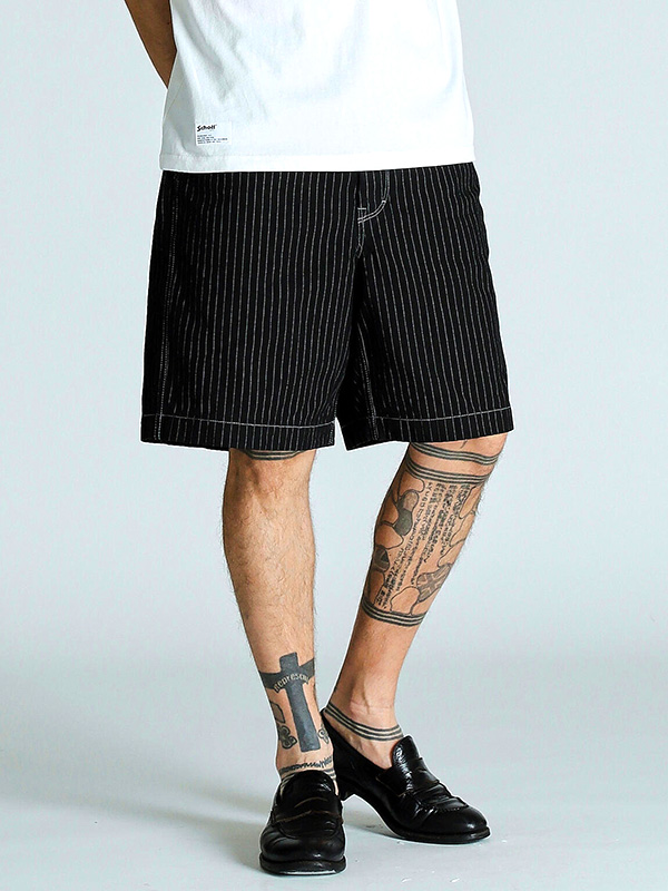 Schott ショット ヒッコリー ストライプ パンツ オールドヒッコリー デニム ショーツ ワーク ワイド 7825913002 OLD HICKORY DENIM SHORTS インディゴ ブラック