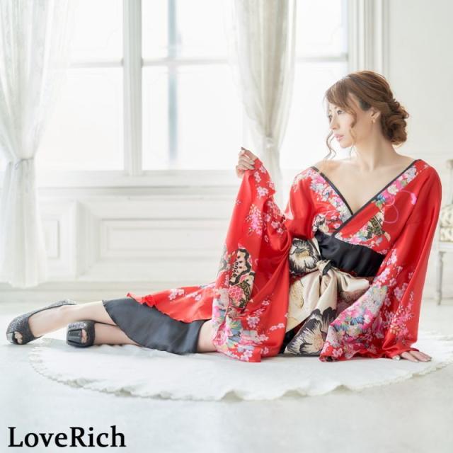 LoveRich ラブリッチ 【5カラー】サテン和柄フリルロング着物ドレス