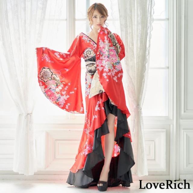 LoveRich ラブリッチ 【5カラー】サテン和柄フリルロング着物ドレス