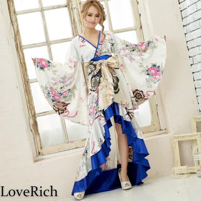 LoveRich ラブリッチ 【5カラー】サテン和柄フリルロング着物ドレス