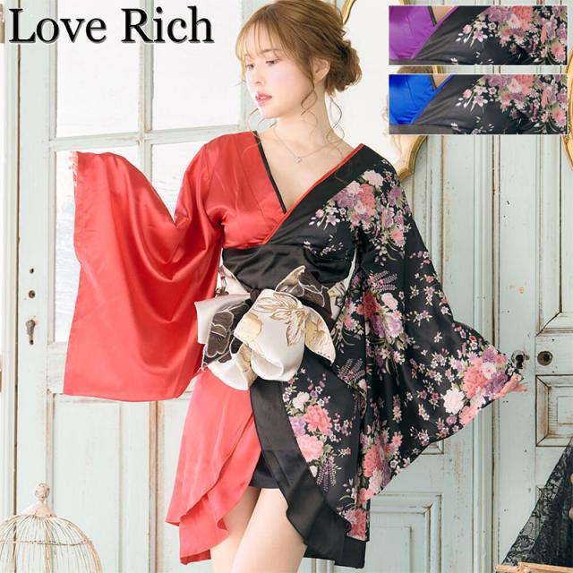 LoveRich ラブリッチ 【3カラー/2点セット】バイカラー オフショル 花柄 和柄 ツートン 豪華 帯 花魁 着物 コスプレ イベント ハロウィン キャバドレス [1185]の通販はau ...