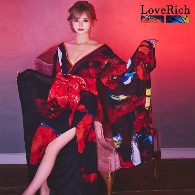 LoveRich ラブリッチ 【高級ライン】【2カラー/2点セット】花柄 セクシー 深めスリット 美脚 オフショル 美胸 ロング丈 花魁 着物 ドレス コスプレ [1281]