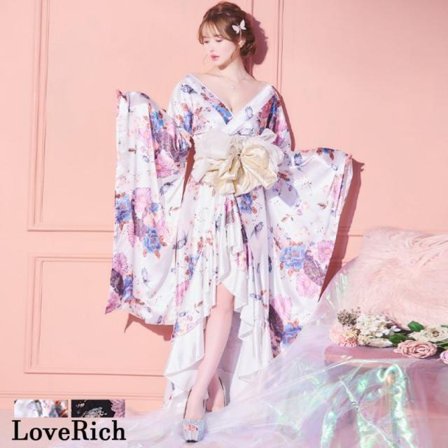 LoveRich ラブリッチ 【高級ライン】【2カラー/2点セット】蝶々柄 フリル 花柄 ロング 豪華 帯 花魁 着物 ドレス コスプレ ハロウィン キャバドレス [1283]