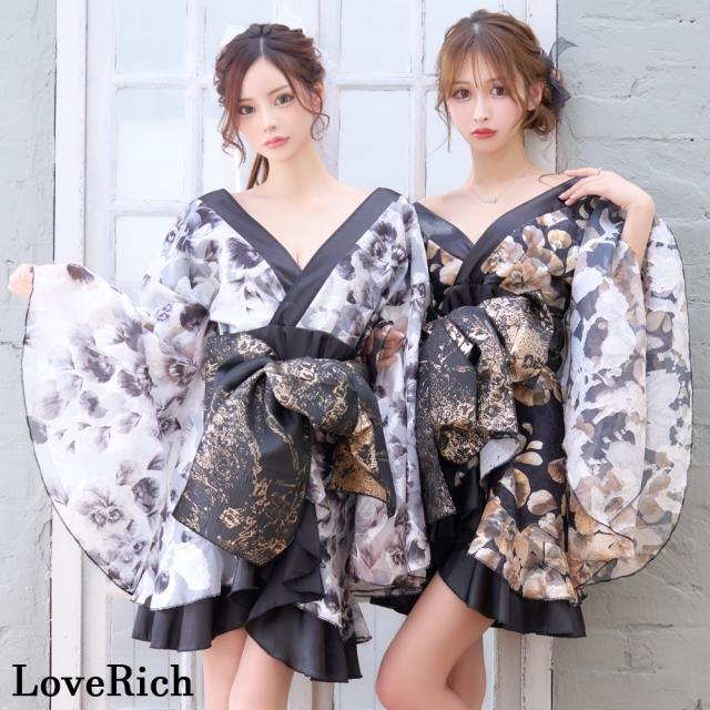 LoveRich ラブリッチ 【高級ライン】【2点セット/2カラー】和柄 花柄 フリル ミニ 豪華 帯 花魁 着物 ドレス コスプレ ハロウィン キャバドレス [1519]