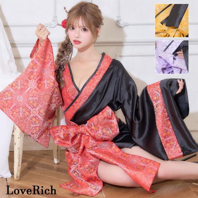 LoveRich ラブリッチ 【高級ライン】【2点セット/3カラー】バイカラー 花柄 和柄 オフショル ミニ 豪華 帯 リボン 花魁 着物 ドレス コスプレ イベント [1536]