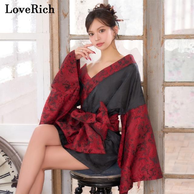 LoveRich ラブリッチ 【高級ライン】【2点セット】バイカラー 花柄 和柄 オフショル ミニ 豪華 帯 リボン 花魁 着物 ドレス コスプレ イベント ハロウィン[1542]
